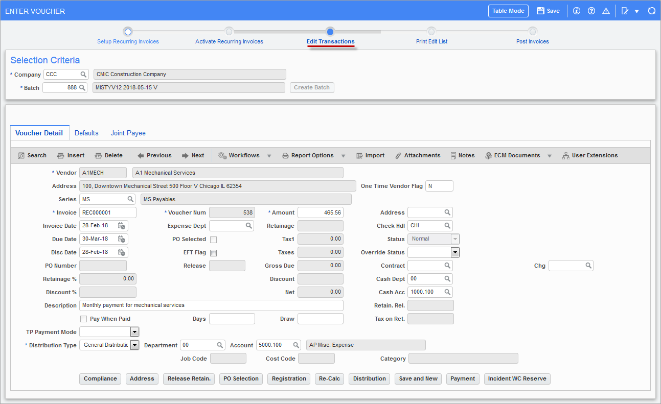 Accounts Payable - Edit Transactions for Recurring Invoices