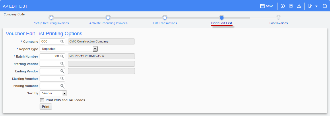 Accounts Payable - Print Edit List for Recurring Invoices