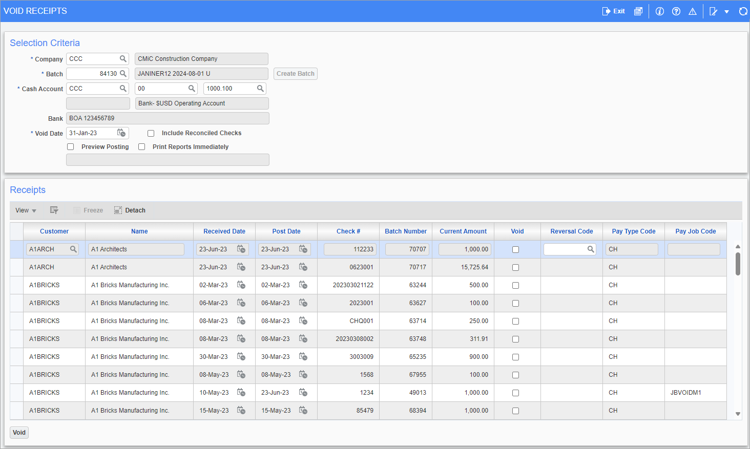 Accounts Receivable - Voiding a Posted Cash Receipt