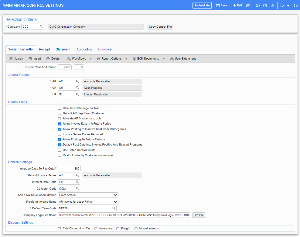 Accounts Receivable - AR Control File - System Defaults - Tab