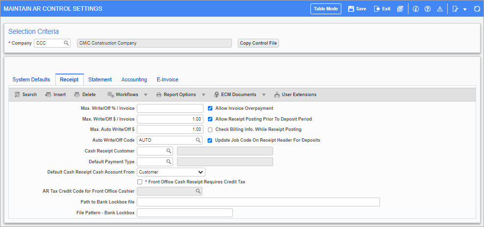 Accounts Receivable - AR Control File - Receipt - Tab