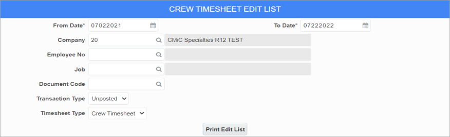 E-Time - Crew Timesheet Edit List