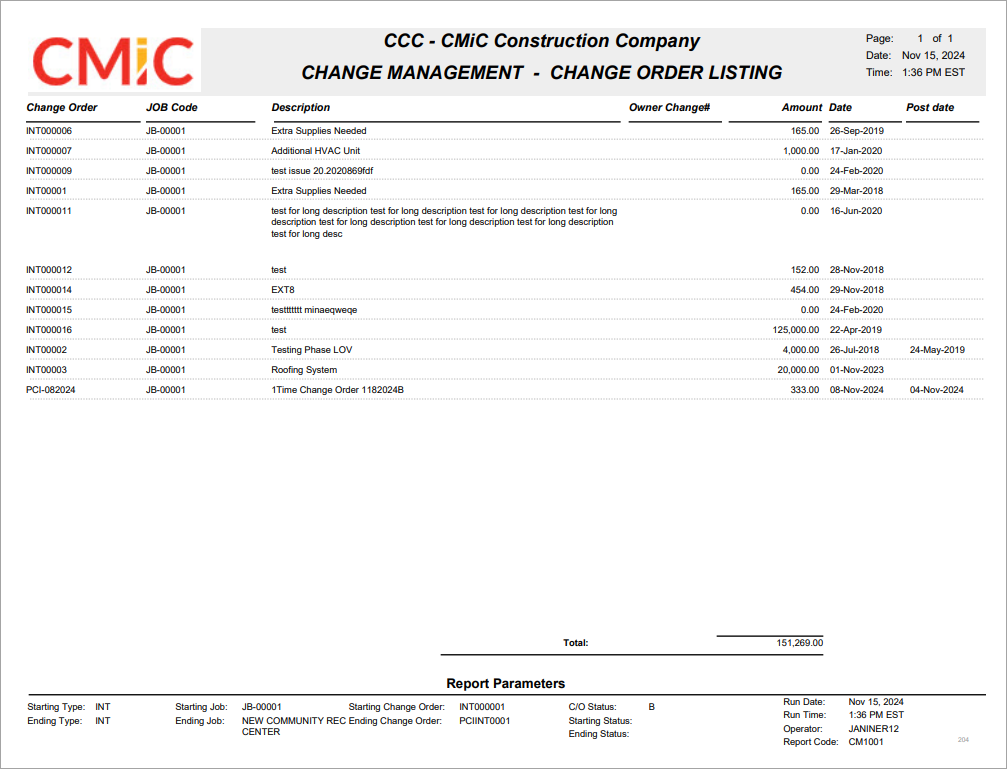 CMiC Field - Change Order Listing Report