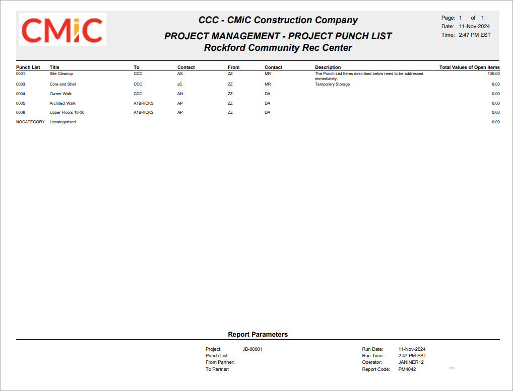 CMiC Field - Punch List Reports