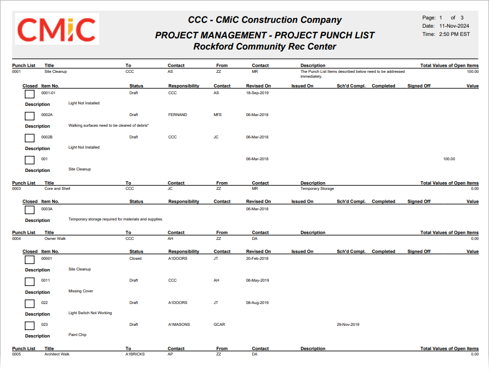CMiC Field - Punch List Reports