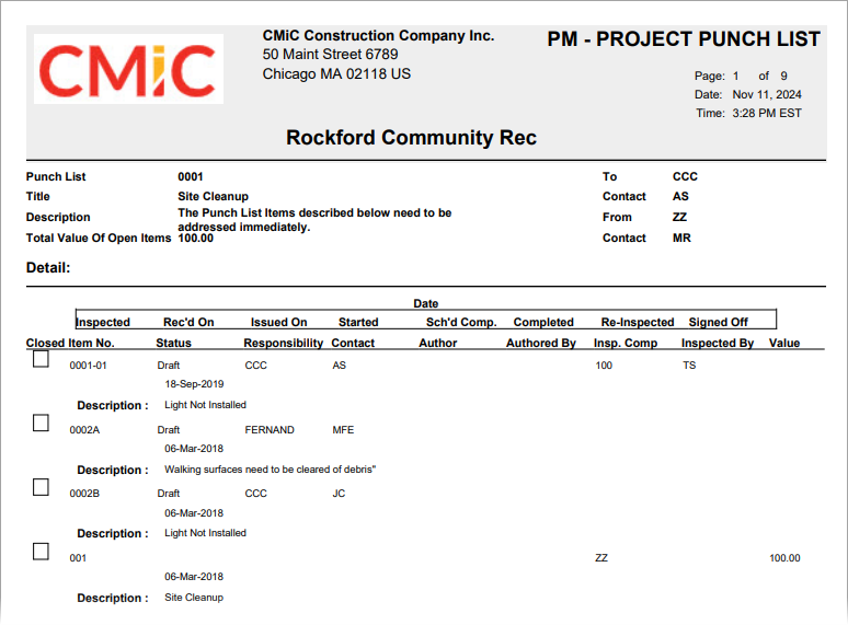 CMiC Field - Punch List Reports