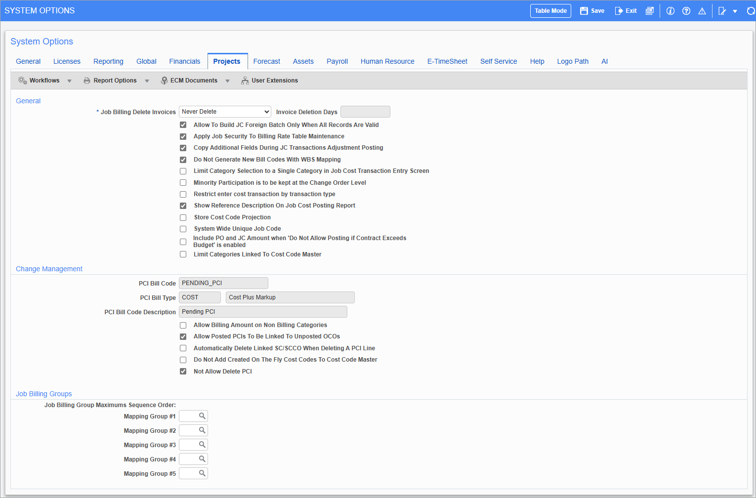 System Data - System Options - Projects - Tab