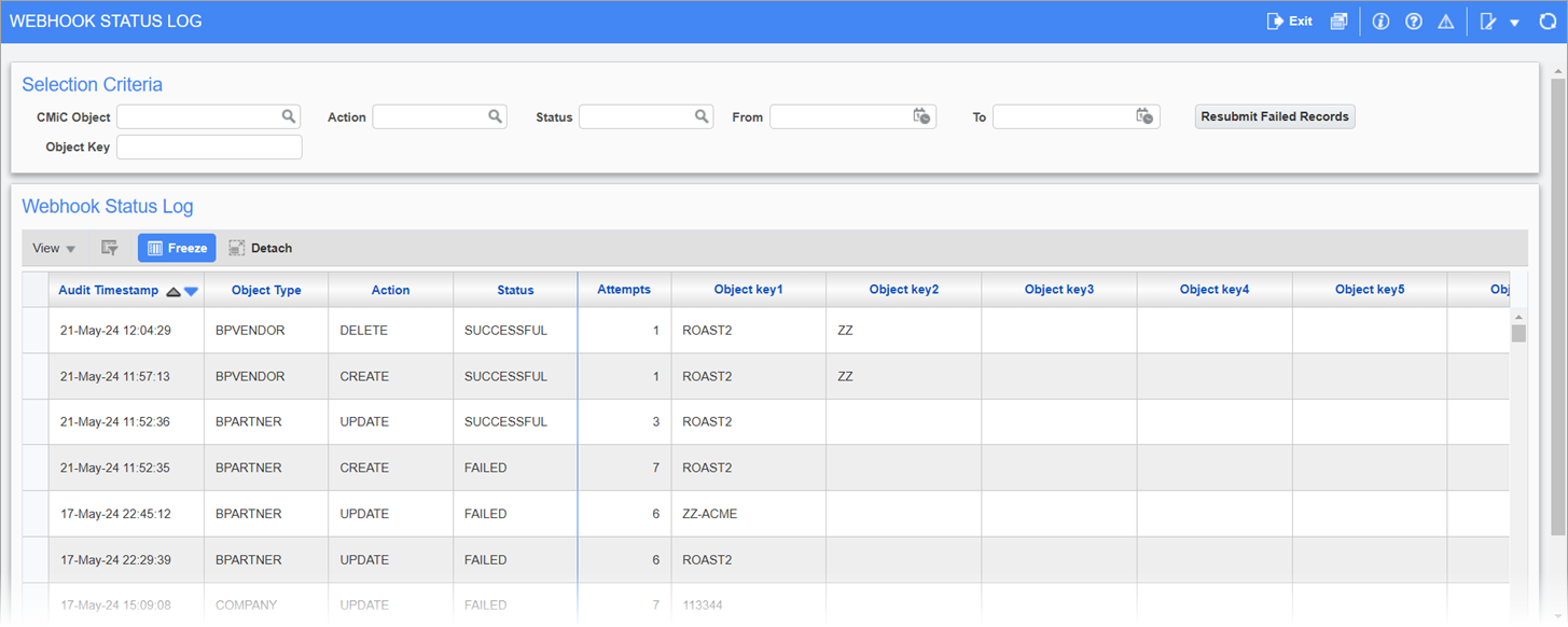 System Data - Webhook Status Log