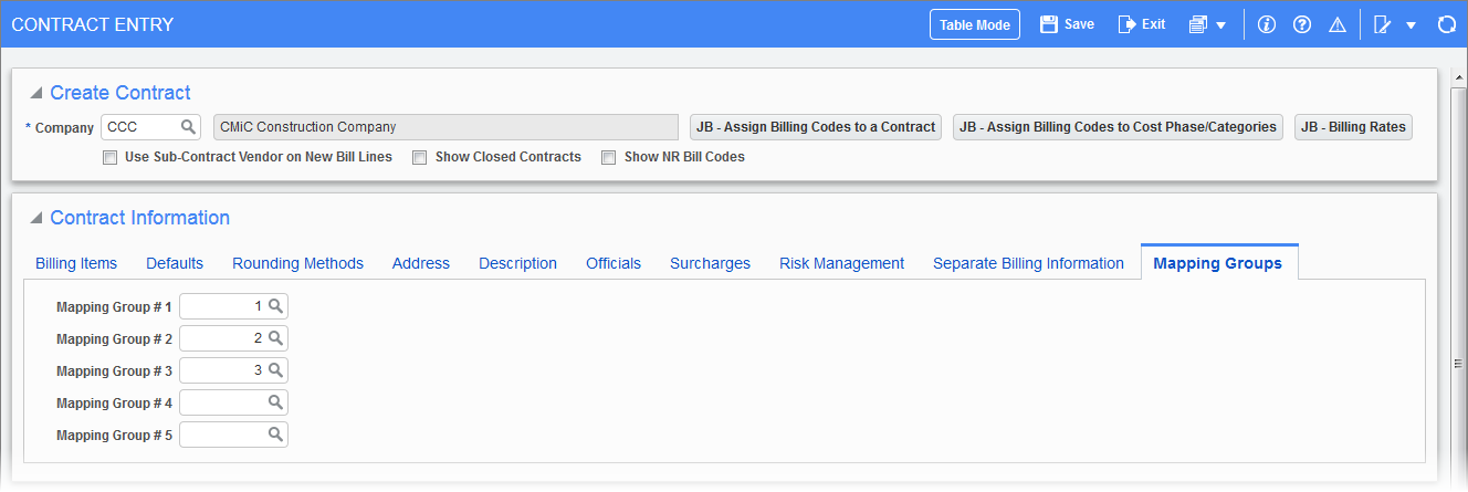 Job Billing - Contract Entry - Mapping Groups - Tab