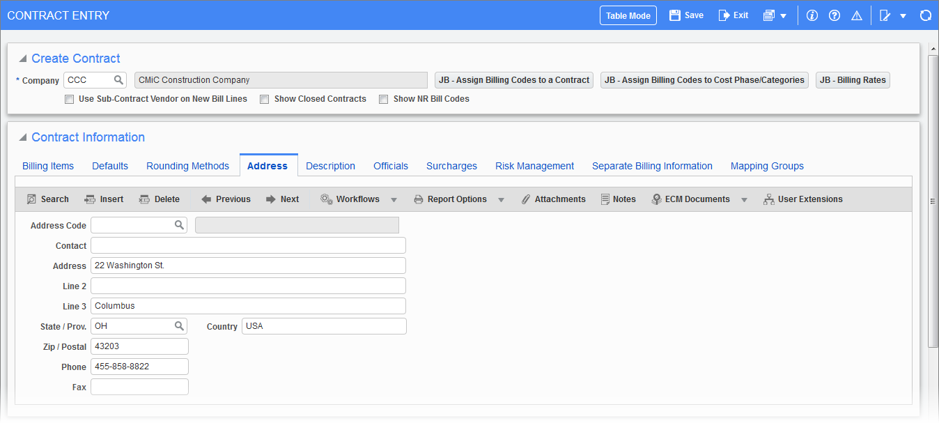 Job Billing - Contract Entry - Address - Tab