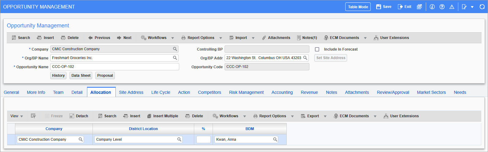 Opportunity Management - Opportunity - Allocation - Tab
