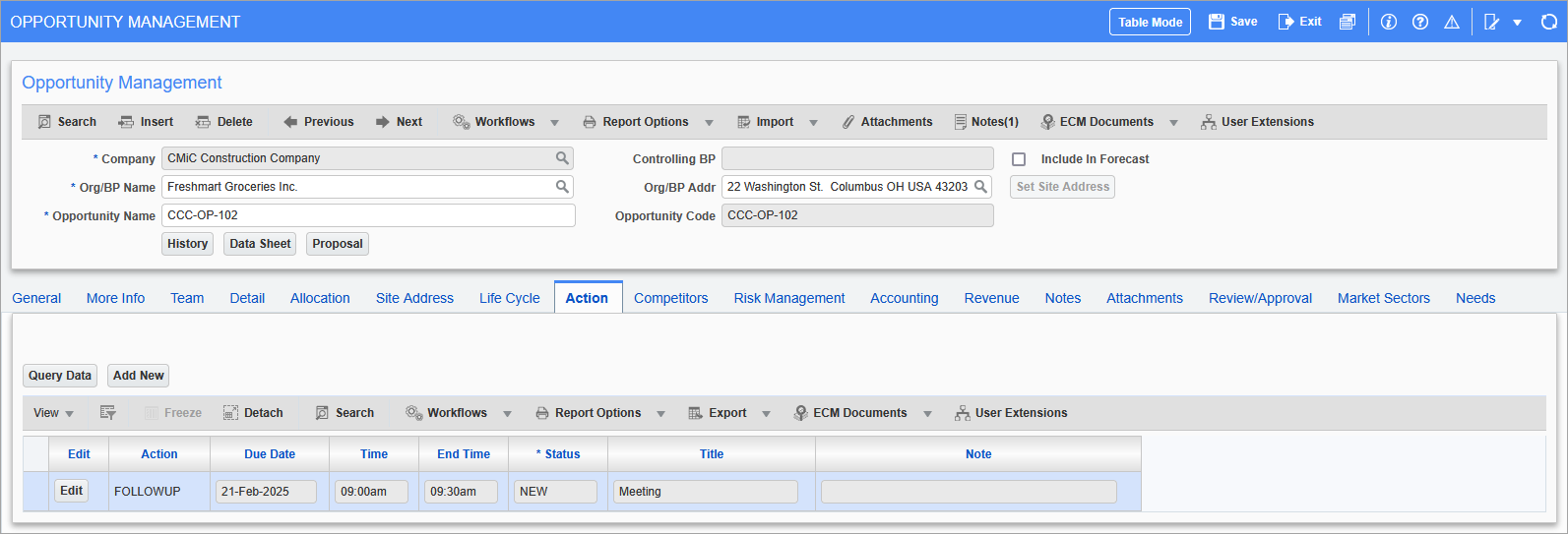Opportunity Management - Opportunity - Action - Tab