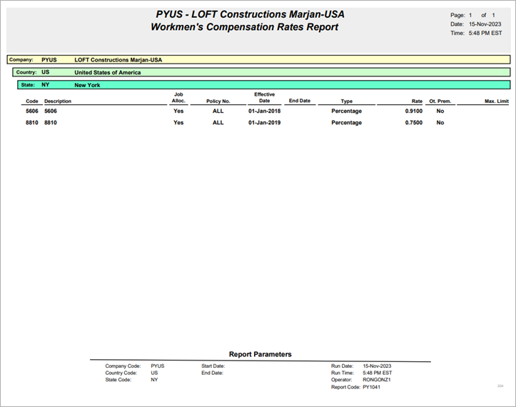 US Payroll - Workmen's Compensation Rates Listing