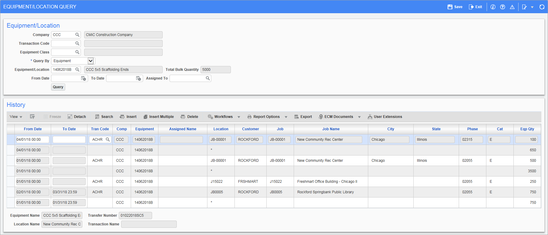 Equipment Costing - Equipment/Location Query