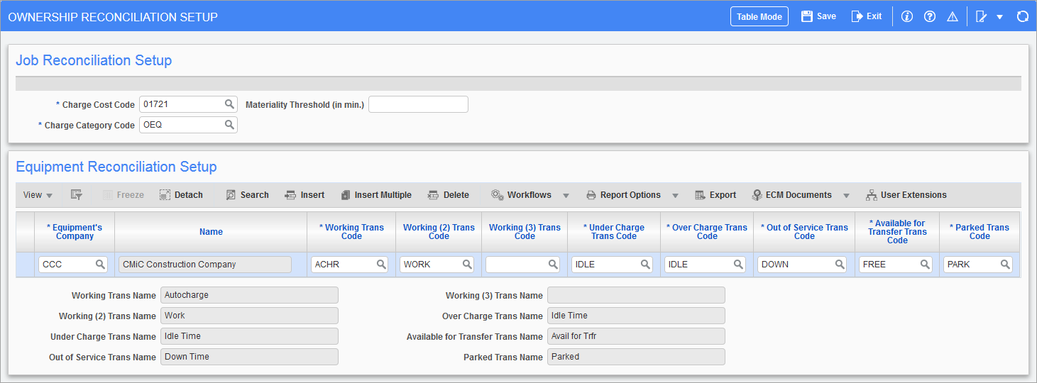 Equipment Costing - Ownership Reconciliation Setup