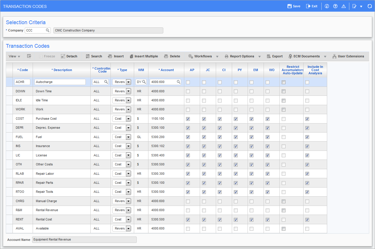 Equipment Costing - Transaction Codes