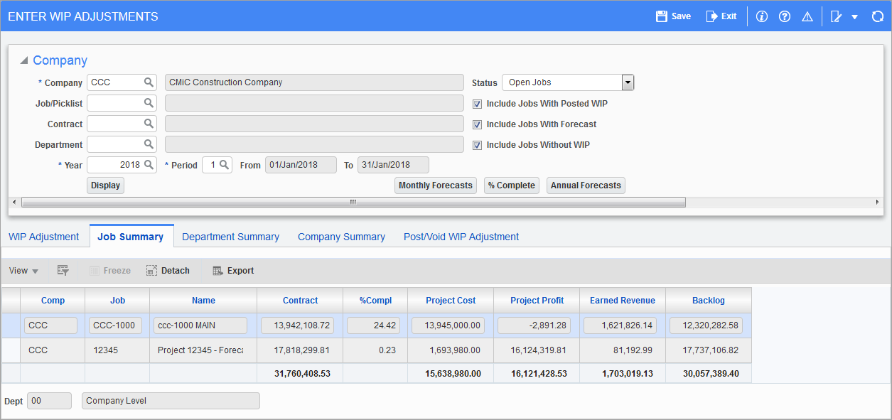 Job Costing - Enter WIP Adjustments - Job Summary, Department Summary ...