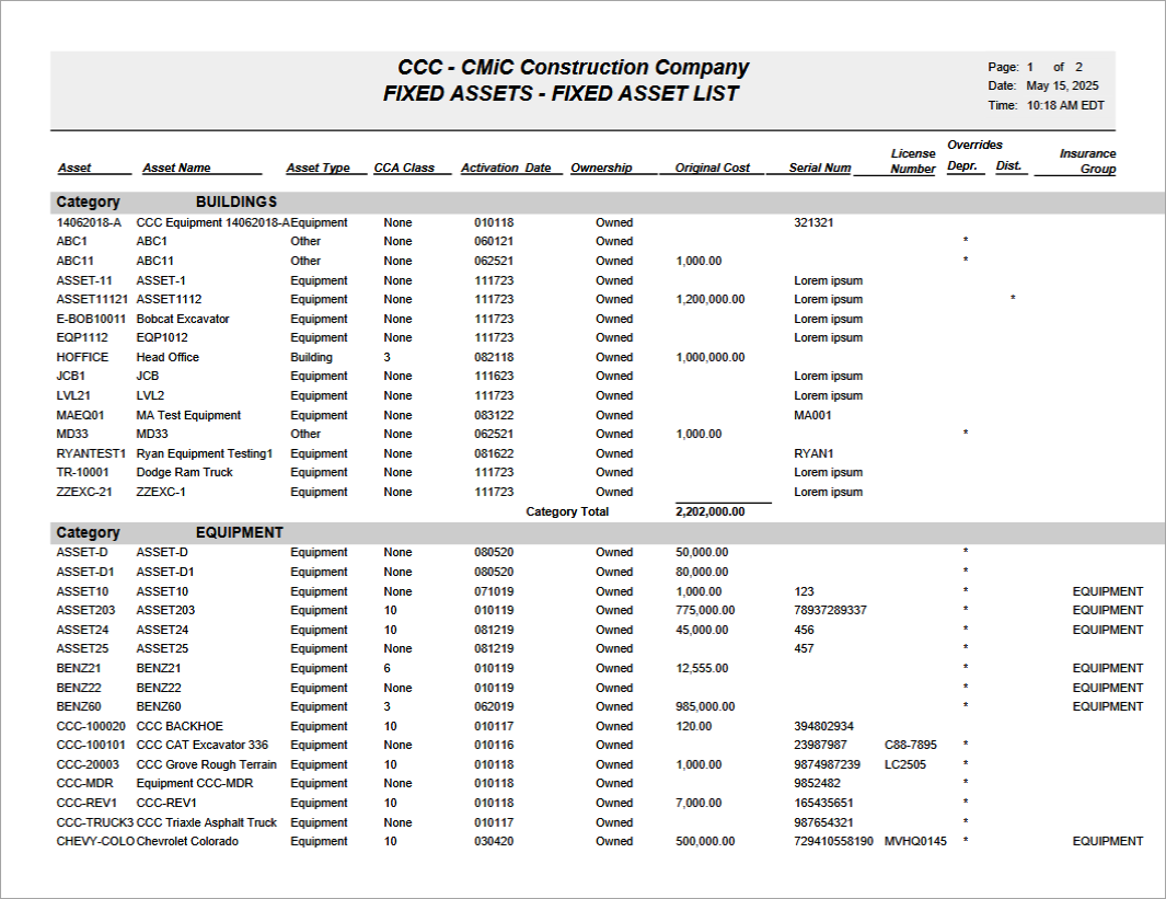 Fixed Assets - Asset Listing