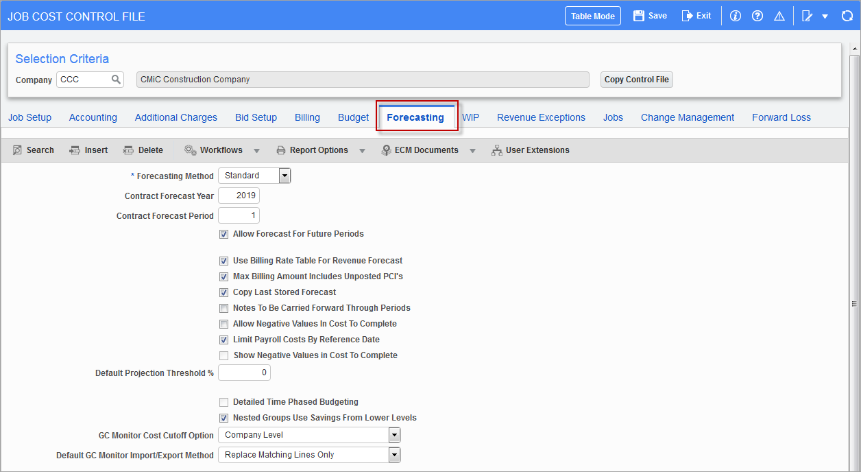 Contract Forecasting - Setup - Job Costing Module