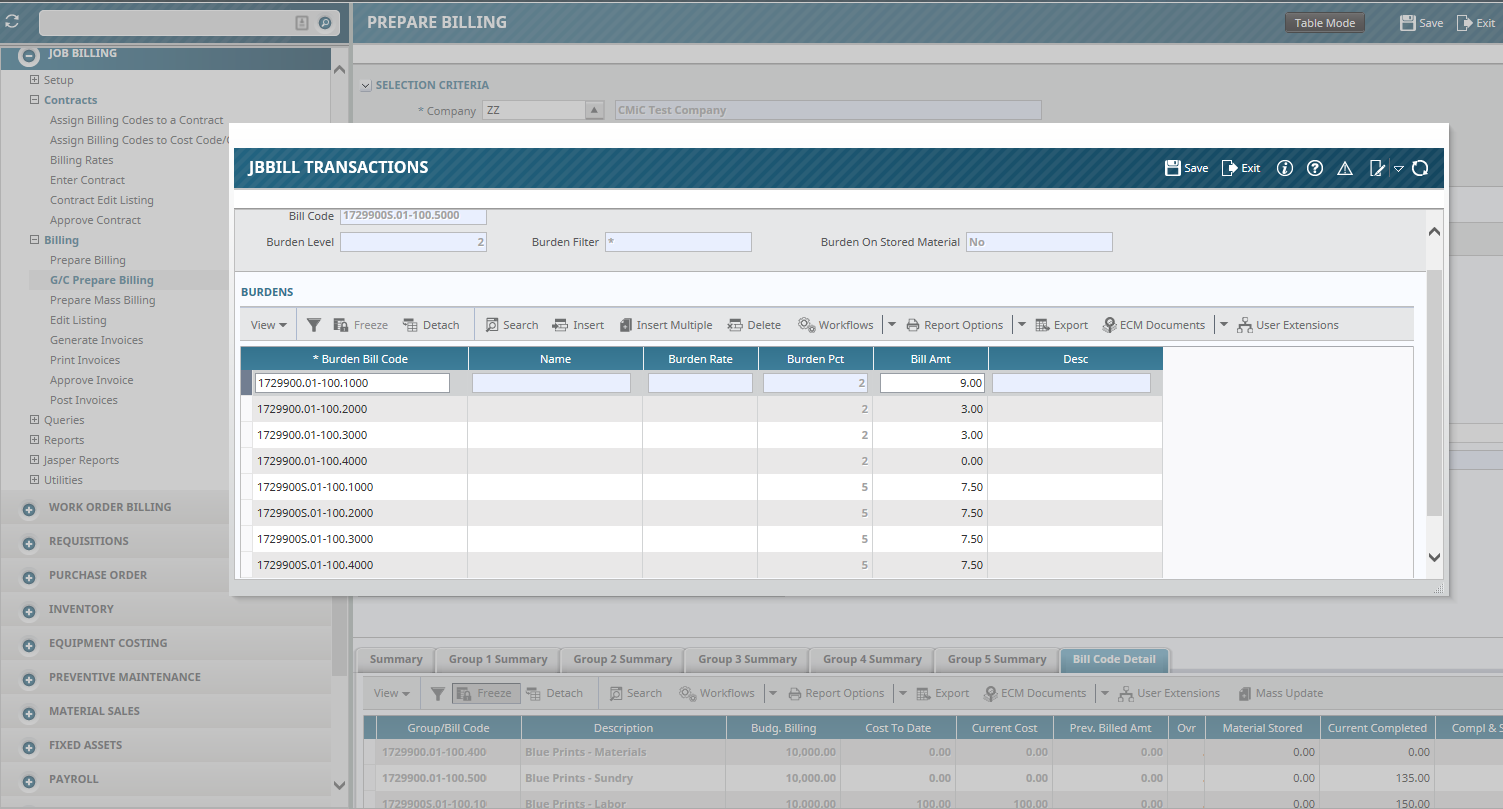 Contract Forecasting - Setup - Job Billing Module
