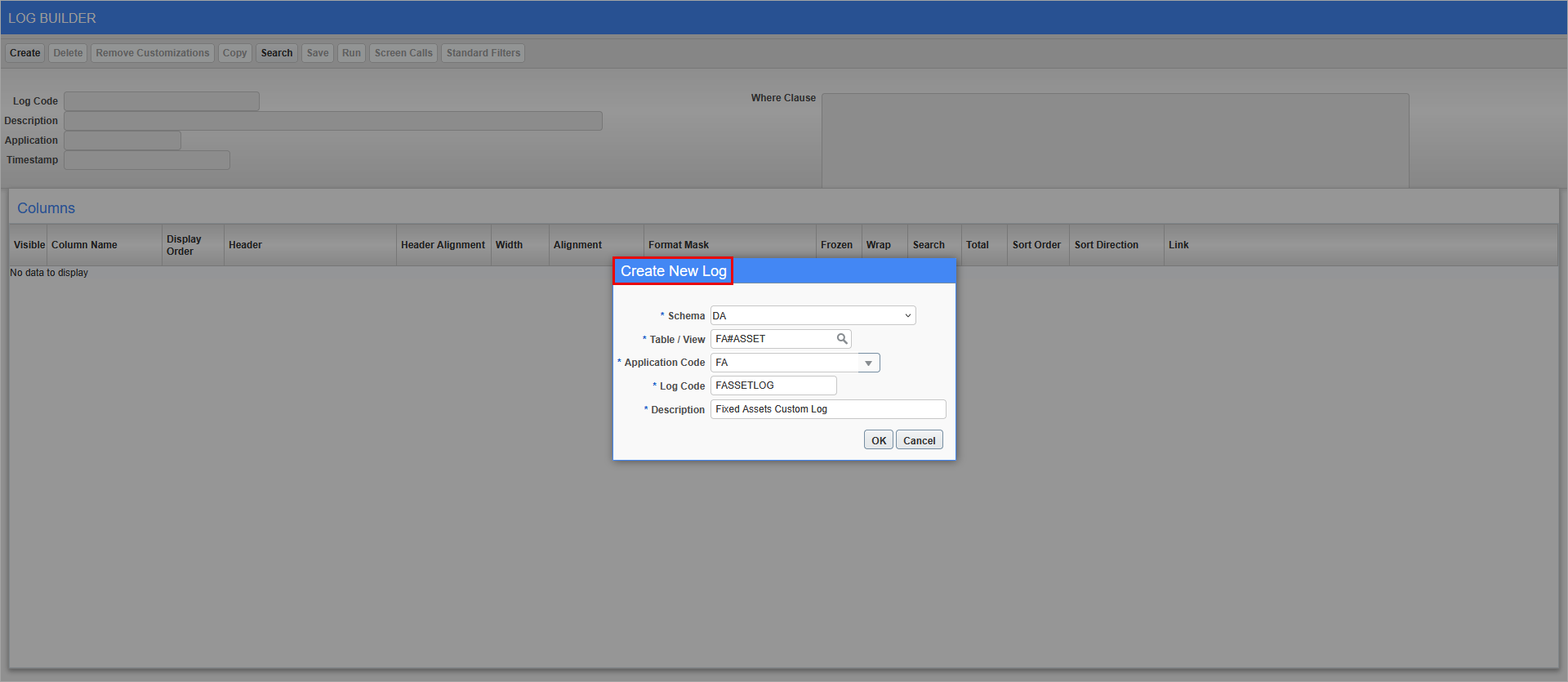 Log Builder - Create New Log