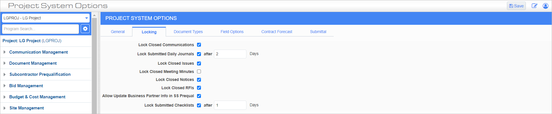 CMiC Field - Project System Options - Locking - Tab
