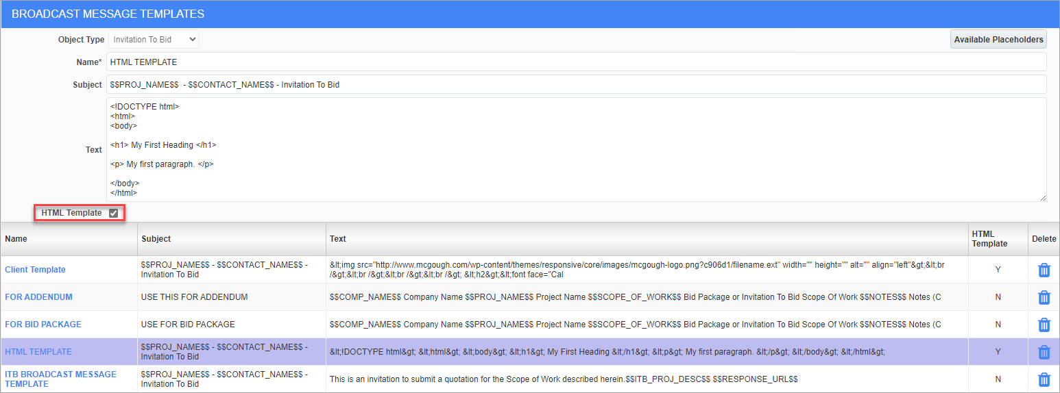 CMiC Field - Broadcast Message Templates