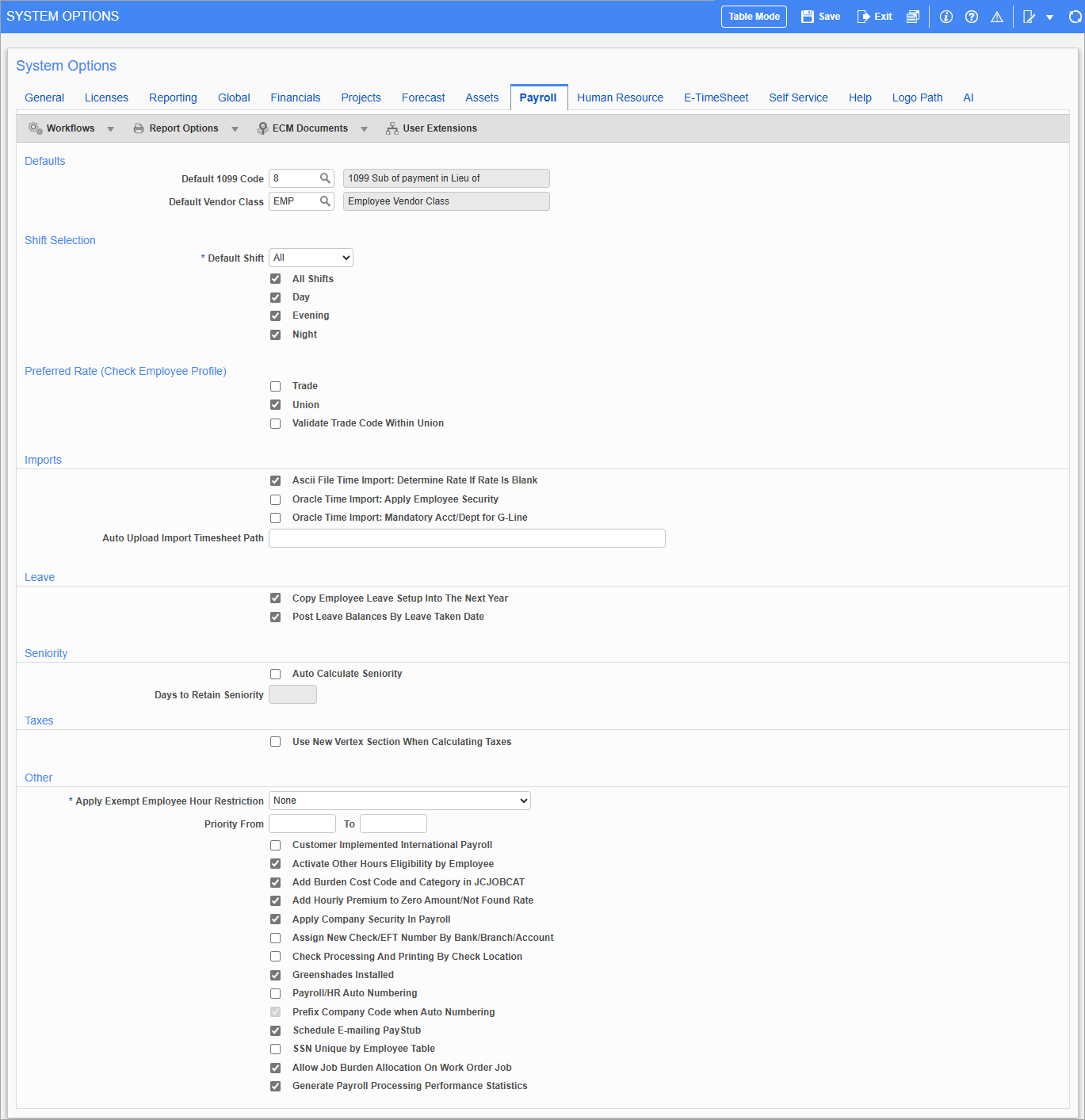 System Data - System Options - Payroll - Tab