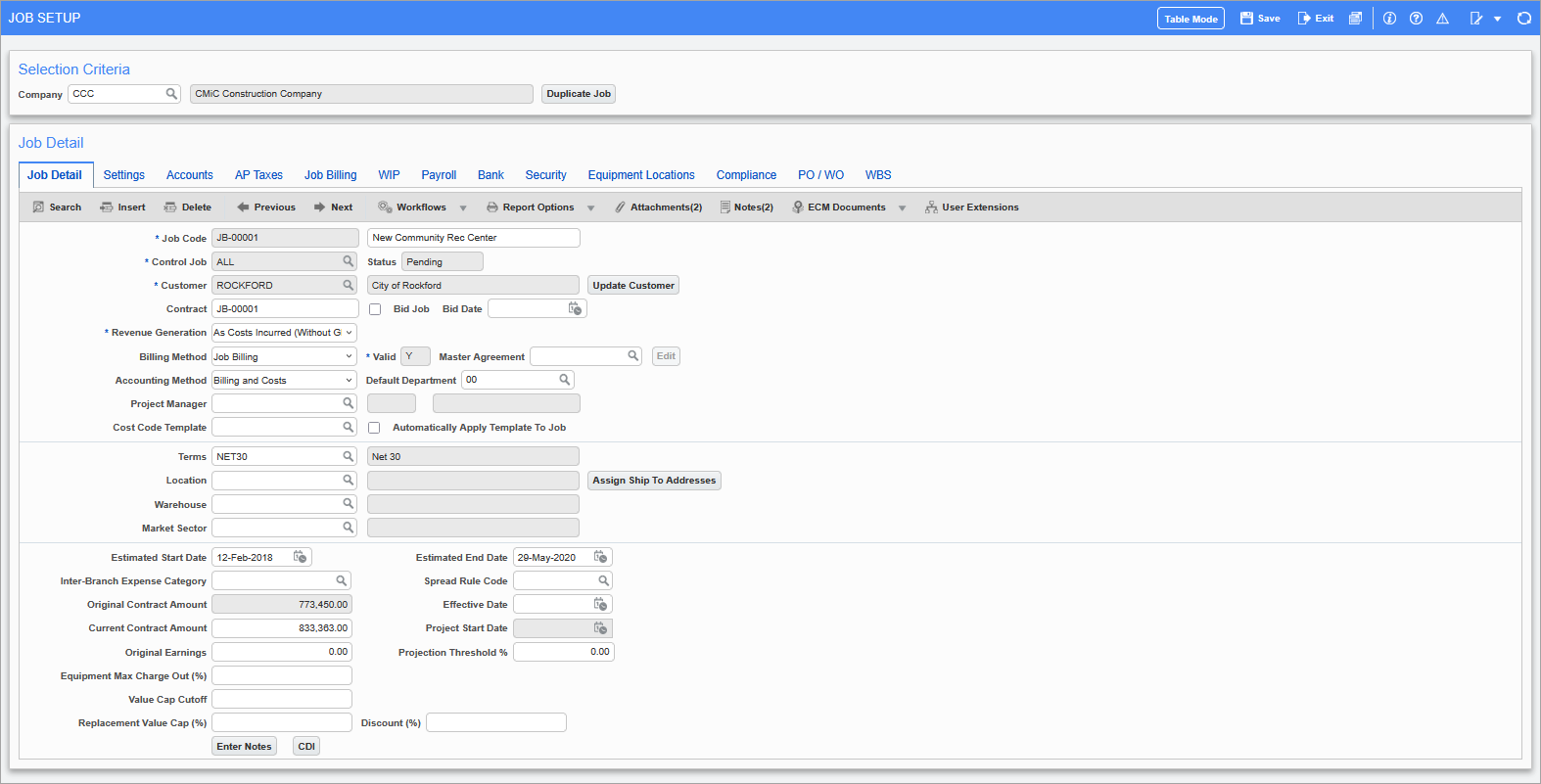 Job Costing - Job Setup - Job Detail - Tab