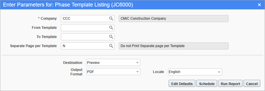 Job Costing - Phase Template Listing