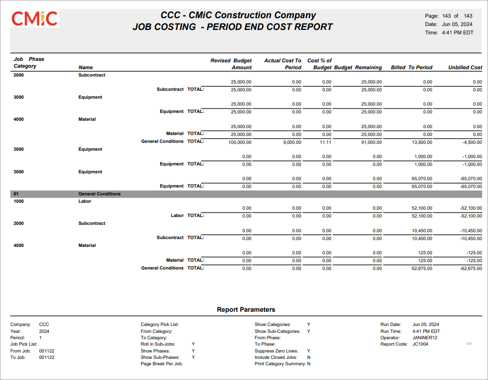 Job Costing - Period End Cost Report - No Ranges
