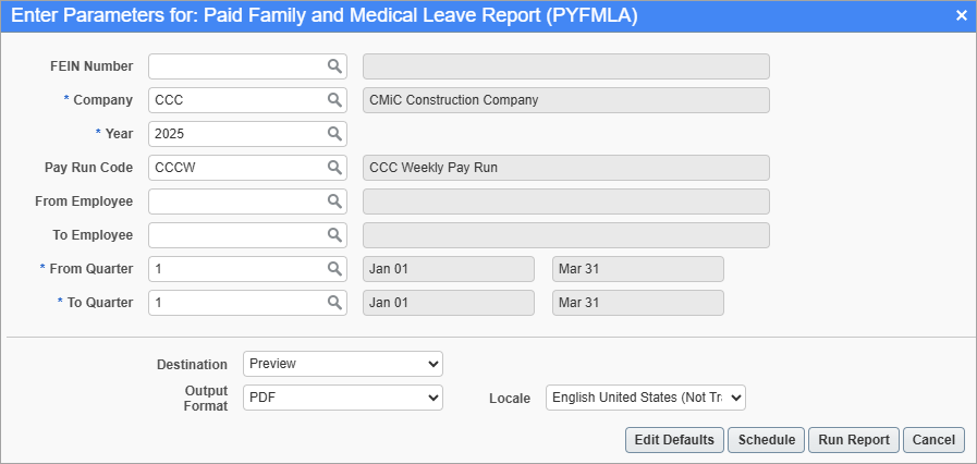 US Payroll - Paid Family and Medical Leave Report
