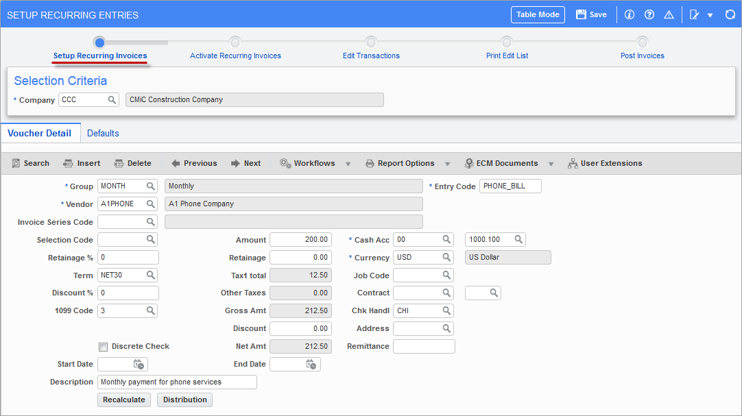 Accounts Payable - Setup Recurring Invoices