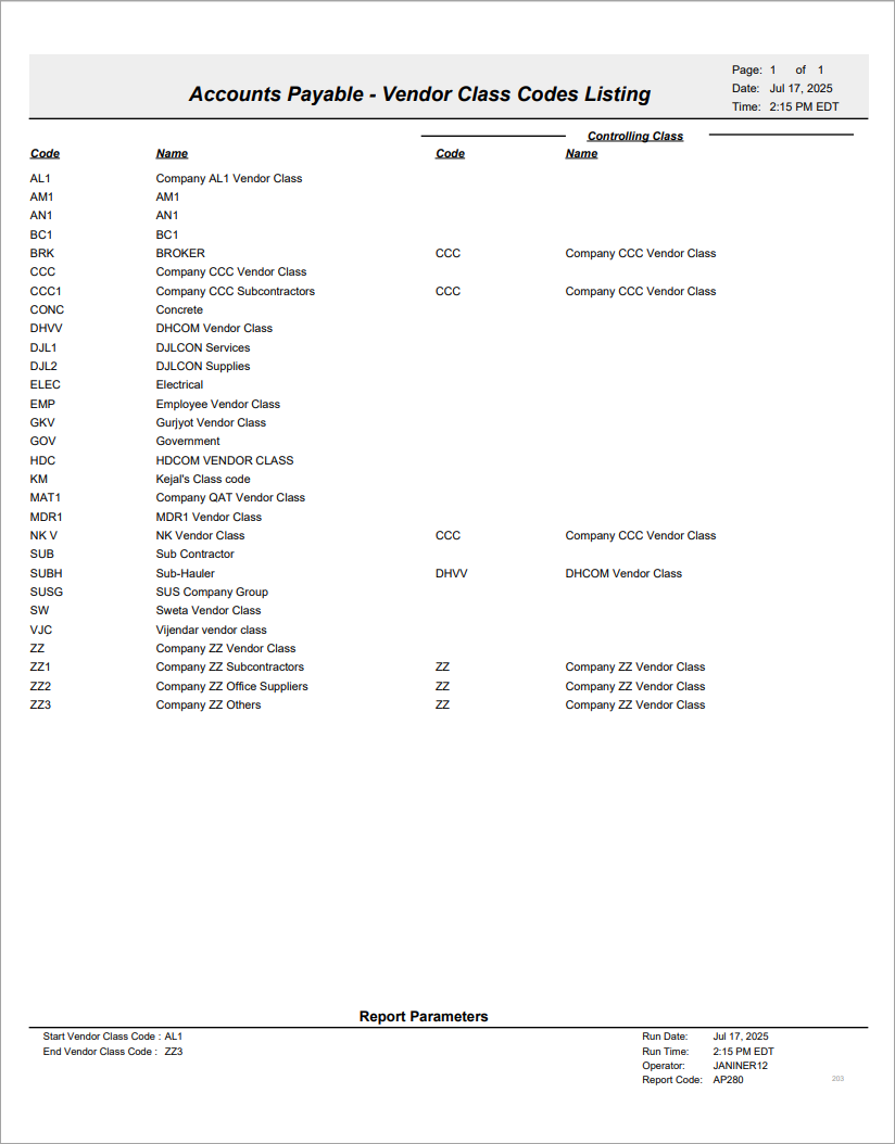 Accounts Payable - Vendor Class List