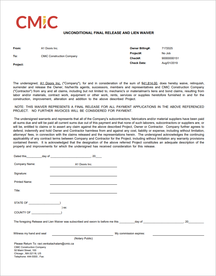 Accounts Payable - Unconditional Final Lien Waiver