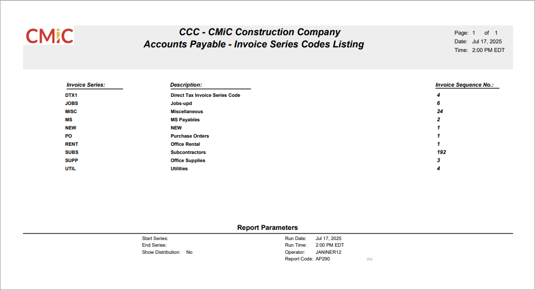 Accounts Payable - Invoice Series Code List