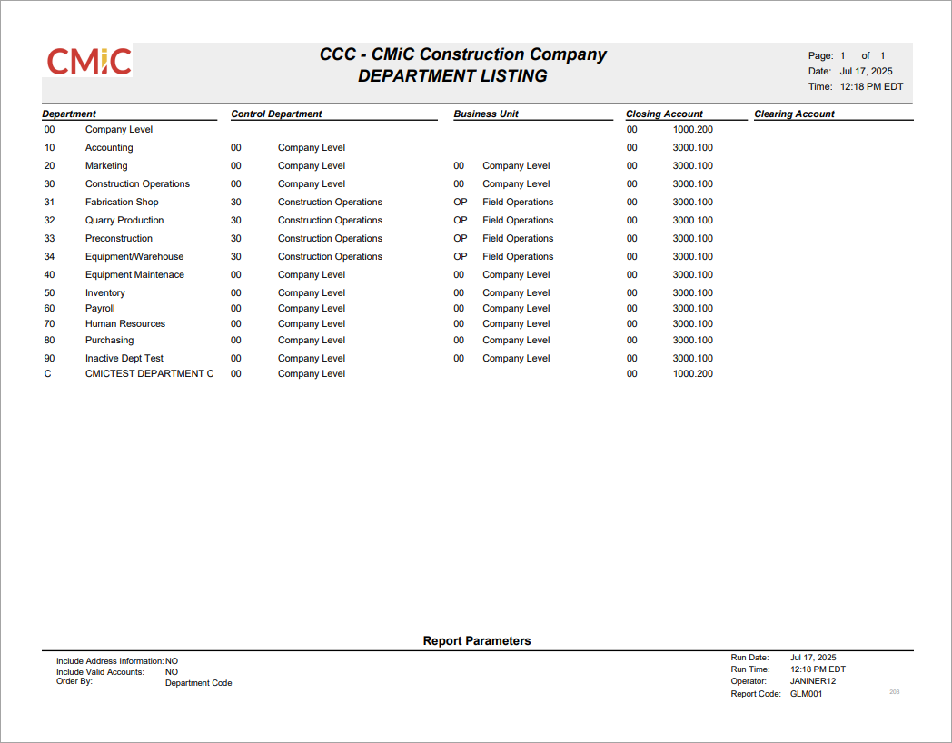 General Ledger - Department Listing