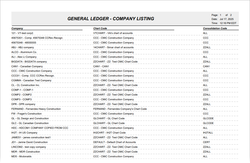 General Ledger - Company Listing