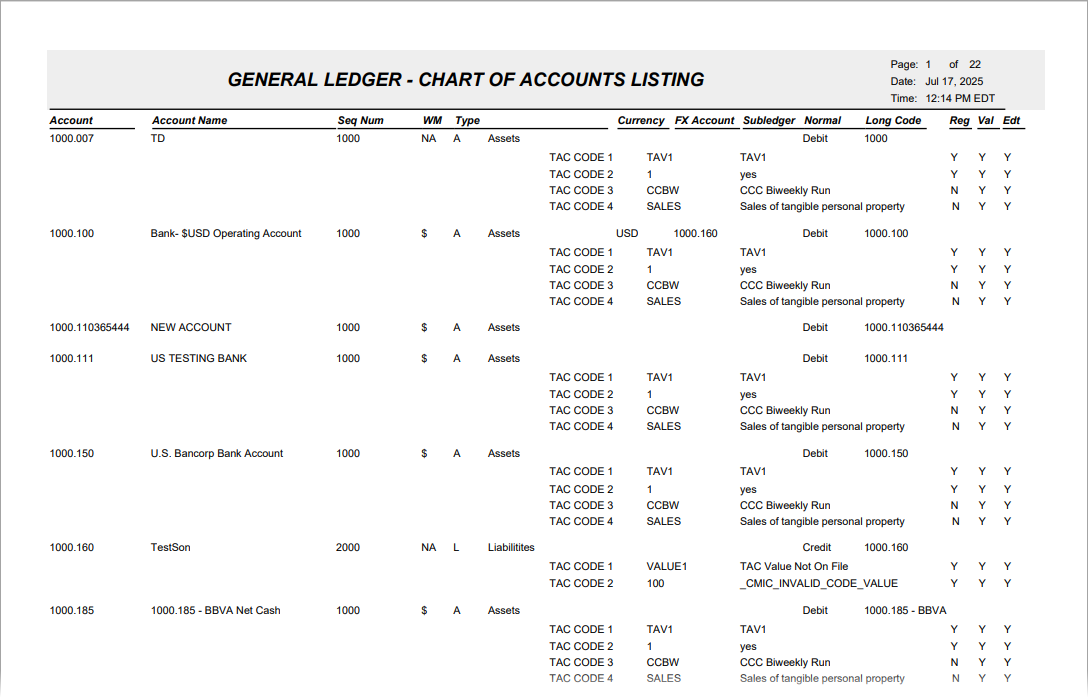General Ledger - Chart of Accounts Listing