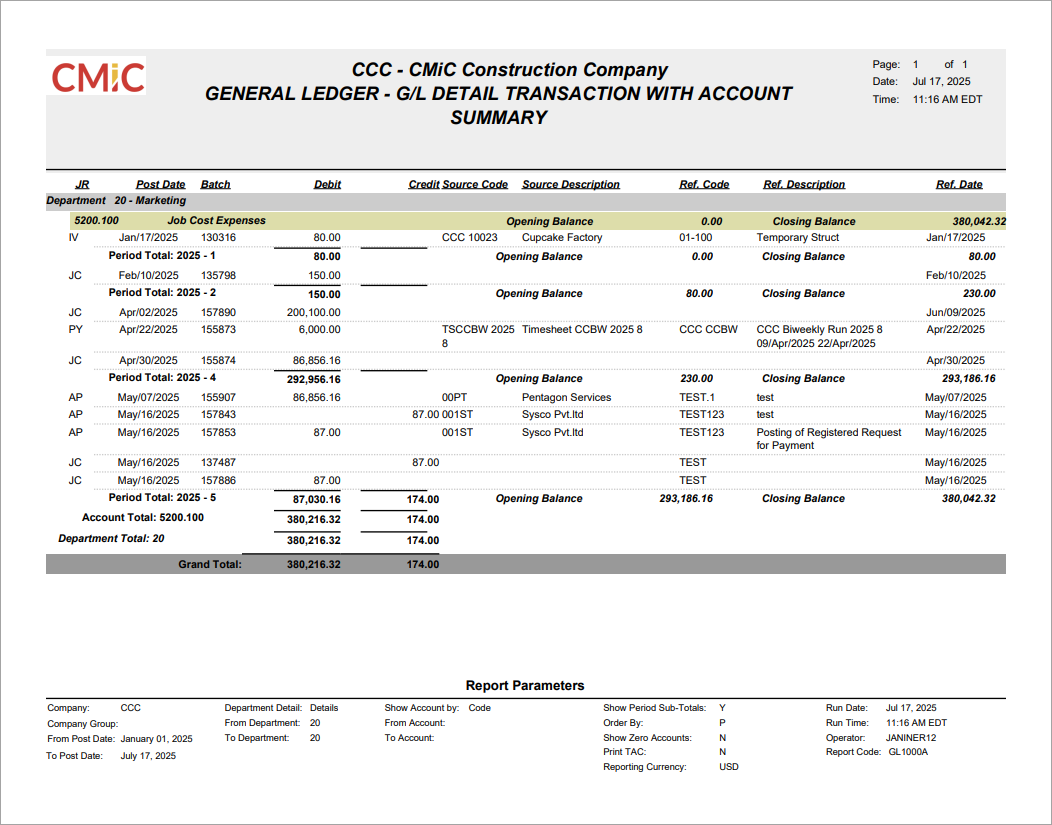 General Ledger - Detail Transaction with Account Summary Report