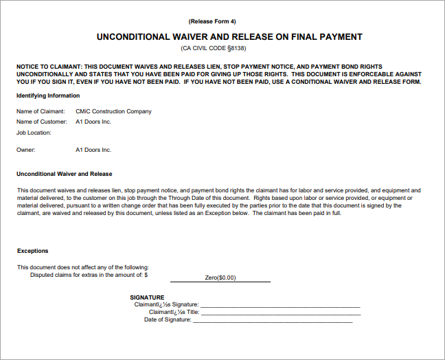 Job Billing - Unconditional Waiver and Release On Final Payment