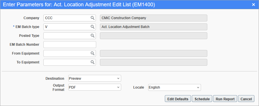 Equipment Costing - Actual Location Adjustment Edit List