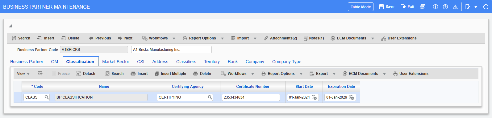Accounts Receivable - Maintain Business Partner - Classification - Tab