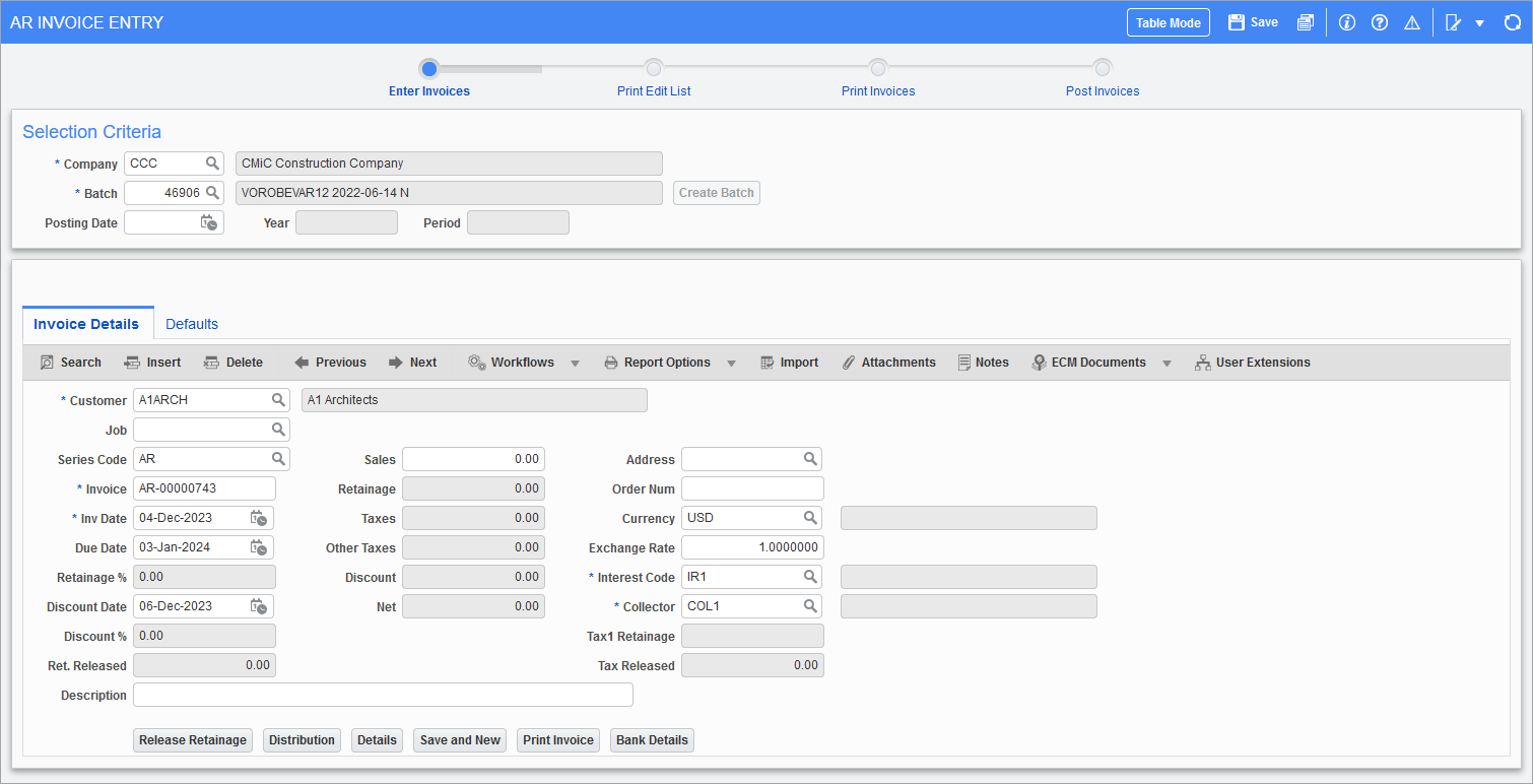 Accounts Receivable - Entering Invoices