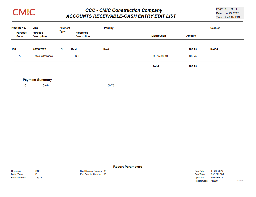 Accounts Receivable - Front Office Cashier Edit List