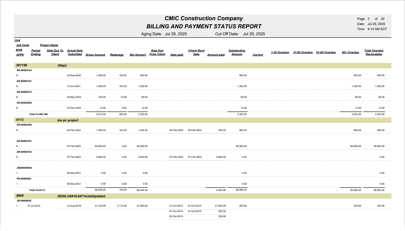 Accounts Receivable - Billing and Payment Status Report