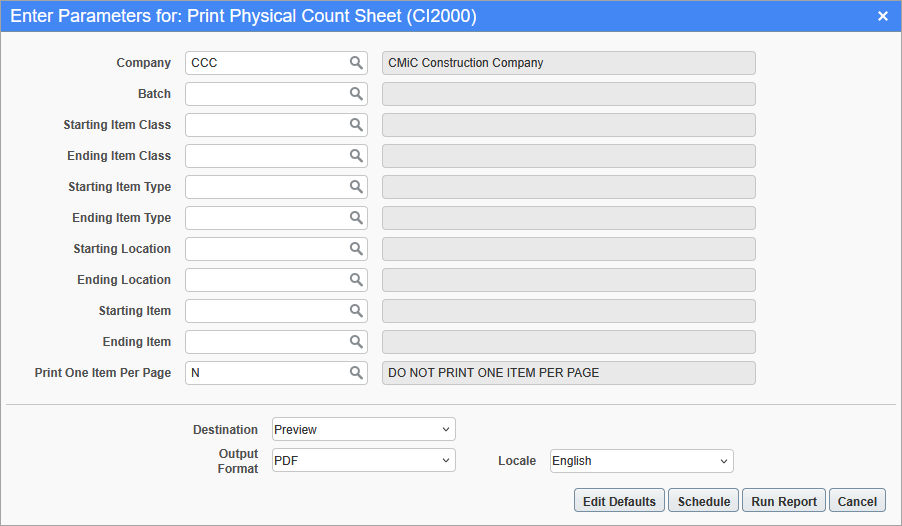 Inventory - Print Physical Count Sheet Report