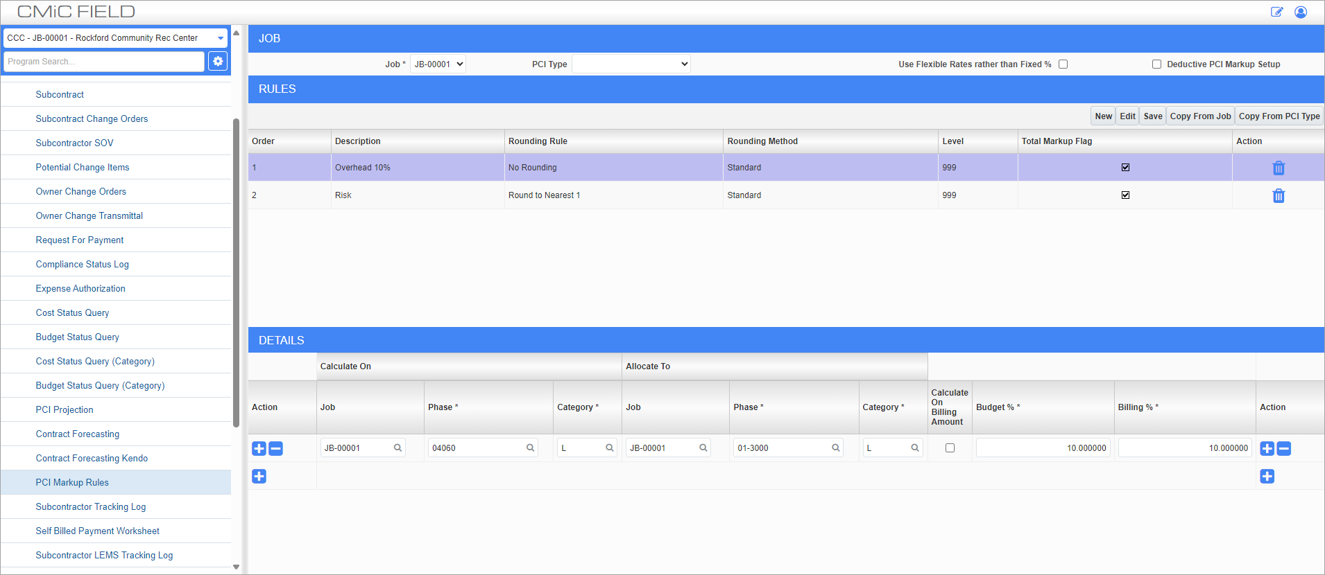 CMiC Field - PCI Markup Rules