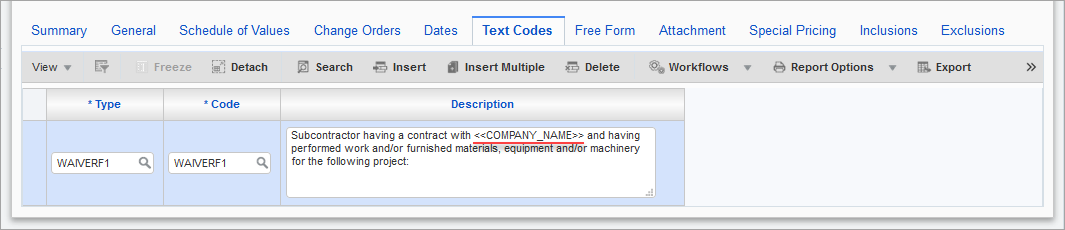 Subcontract Management - Text Codes - Tab