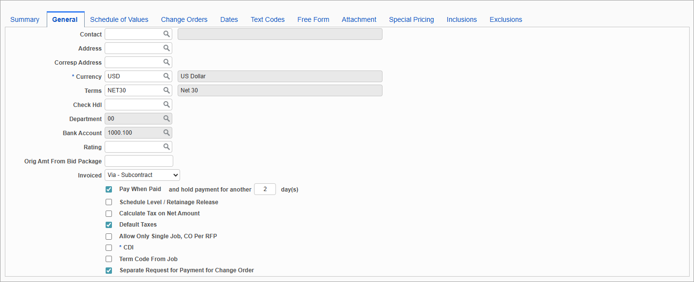 Subcontract Management - General - Tab